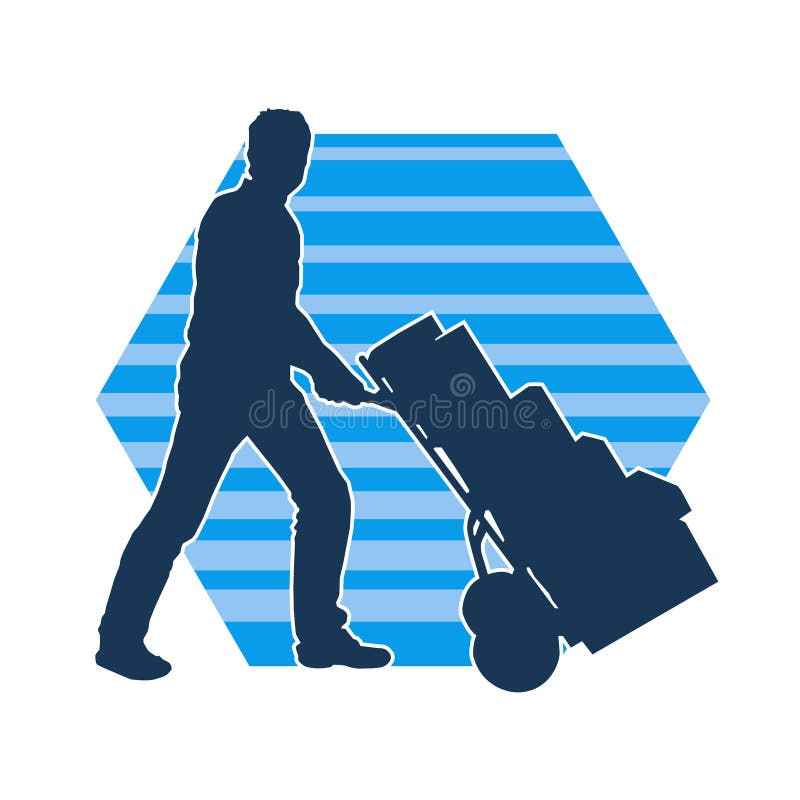 Silhouette of a Warehouse Worker Push a Lori Chart or Hand Truck Tool ...