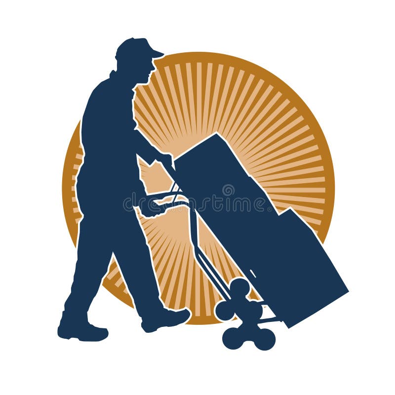 Silhouette of a Warehouse Worker Push a Lori Chart or Hand Truck Tool ...