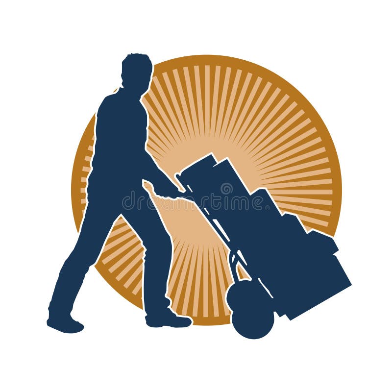 Silhouette of a Warehouse Worker Push a Lori Chart or Hand Truck Tool ...