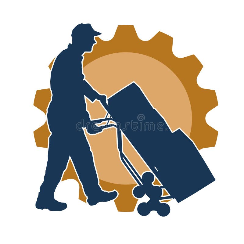 Silhouette of a Warehouse Worker Push a Lori Chart or Hand Truck Tool ...