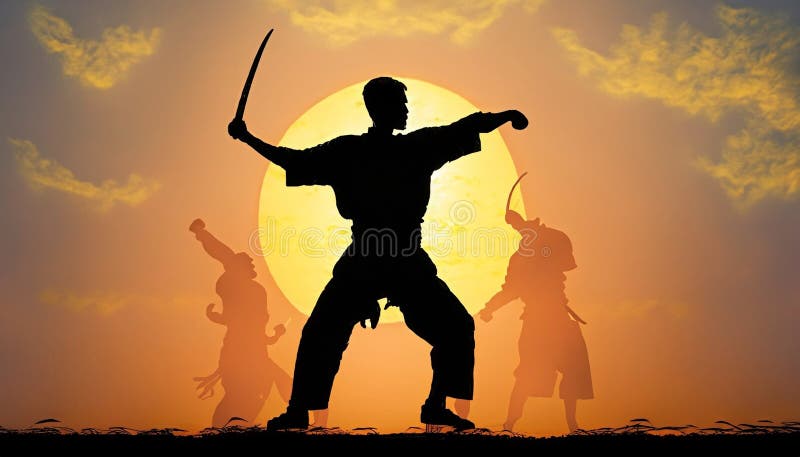 Silhouette of a Warrior Training at Sunset Stock Illustration ...