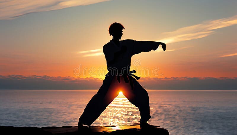 Silhouette of a Warrior Training at Sunset Stock Illustration ...