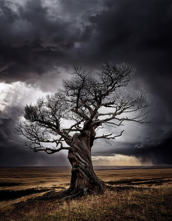Silhouette of a Weathered Tree Against a Dramatic Stormy Sky Stock ...