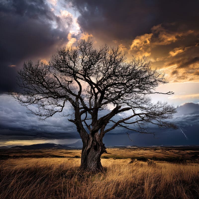 Silhouette of a Weathered Tree Against a Dramatic Stormy Sky Stock ...