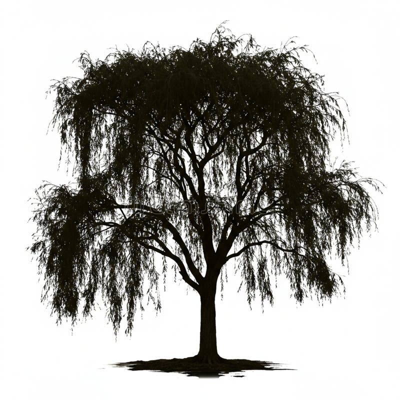 Silhouette of a Willow Tree (Salix Spp.) with Cascading, Thin Branches ...