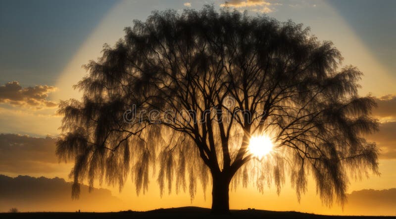 Silhouette of a Willow Tree with the Sun Behind the Tree Stock ...