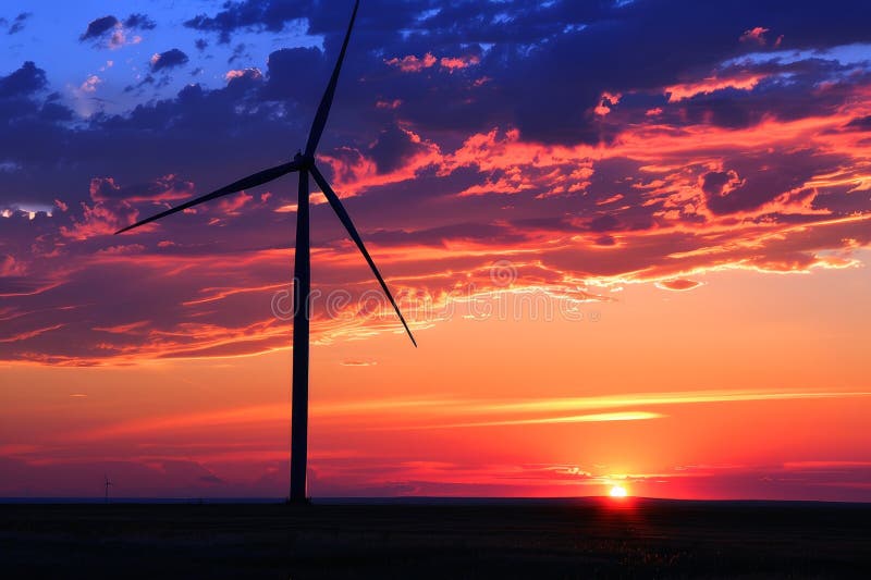 A Silhouette of a Wind Turbine Against a Vibrant Sunset Backdrop Stock ...