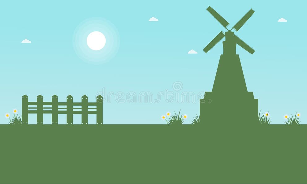 Silhouette of Windmill Beauty Landscape at Spring Stock Vector ...