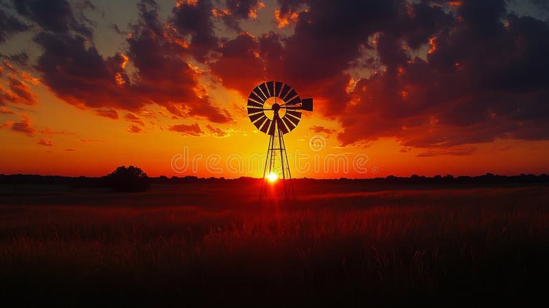 Silhouette Windmill in a Vibrant Sunset Field Stock Illustration ...