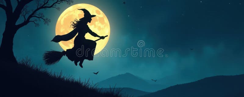 Silhouette of Witch on Broomstick Against Bright Full Moon Flying ...