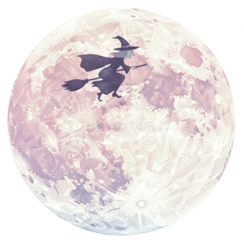 Silhouette Witch Flying on Broom Past Pastel Moon Stock Illustration ...