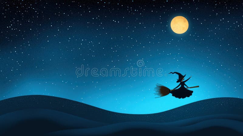 Silhouette of a Witch Flying on a Broom Under a Starry Night Sky Stock ...