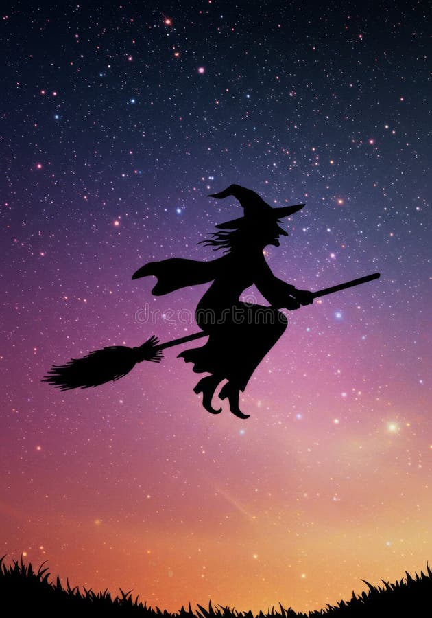Silhouette Witch Flying on Broom Under Starry Night Sky Stock ...