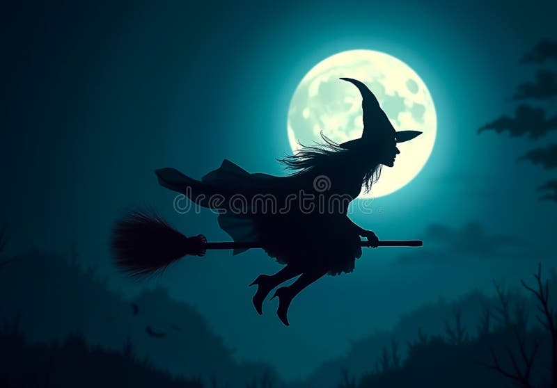 Silhouette of a Witch Flying in the Light of the Full Moon with Forest ...