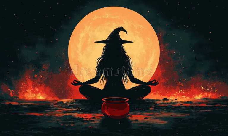 Silhouette of Witch Meditating Under Full Moon with Cauldron in ...