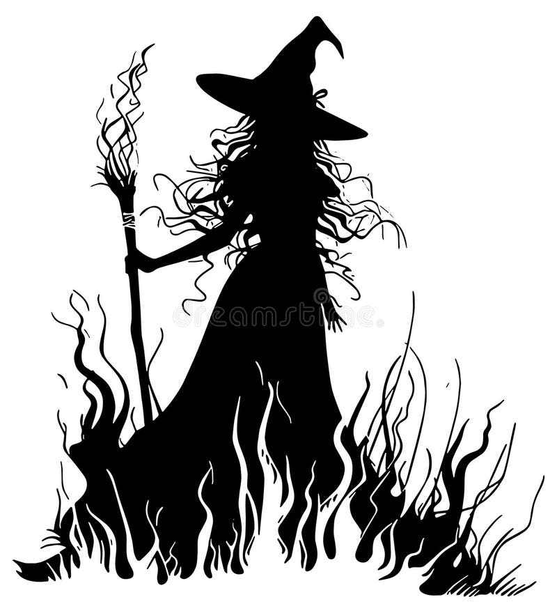 Silhouette of a Witch with Flames Stock Vector - Illustration of vector ...