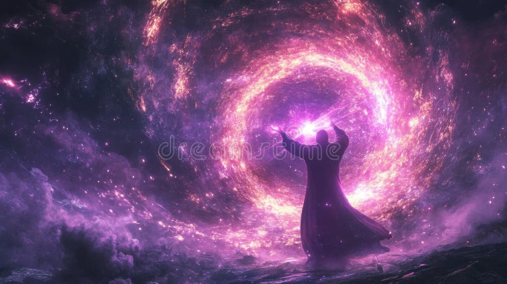Silhouette of a Wizard Casting a Spell Amidst a Cosmic Nebula Stock ...