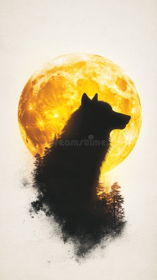 Silhouette of Wolf Against Softly Glowing Yellow Moon, Surrounded by ...