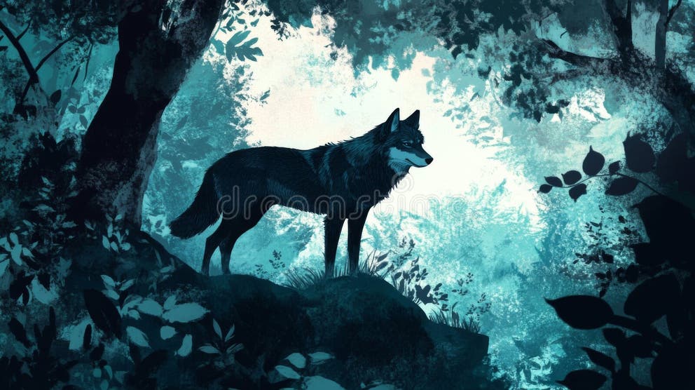 Silhouette of a Wolf in a Dark Teal Forest Stock Illustration ...