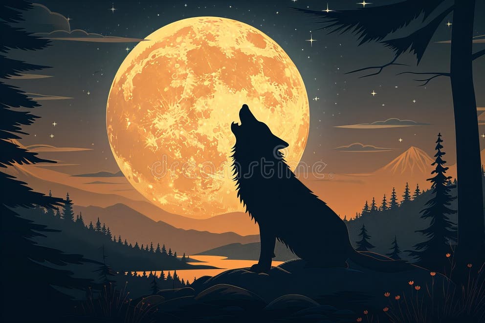 Silhouette of a Wolf Howling at the Full Moon, High Quality, High Resolution Stock Illustration ...