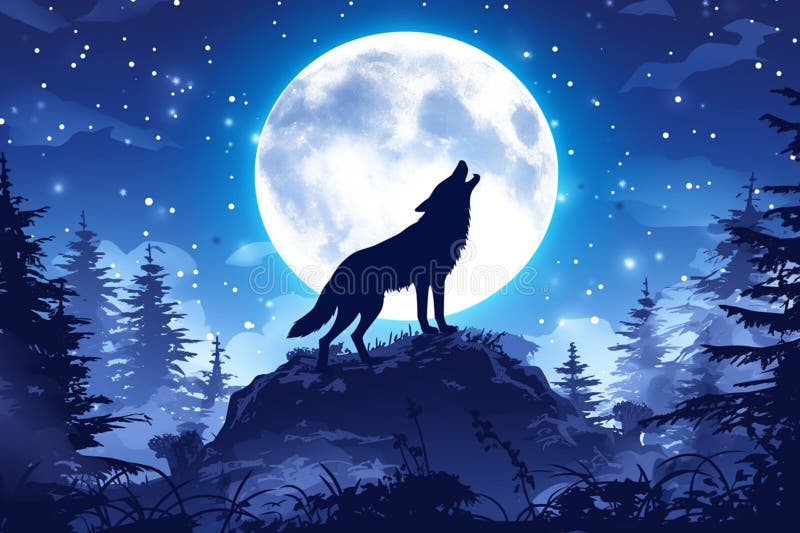Silhouette Wolf Howling at the Moon in Forest Stock Illustration ...