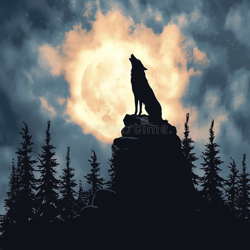 Silhouette Wolf Howling at the Moon in Forest Stock Illustration ...