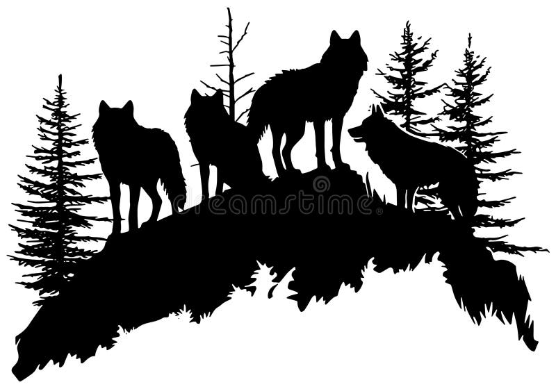 Silhouette of a Wolf Pack on a Mountain Stock Vector - Illustration of ...