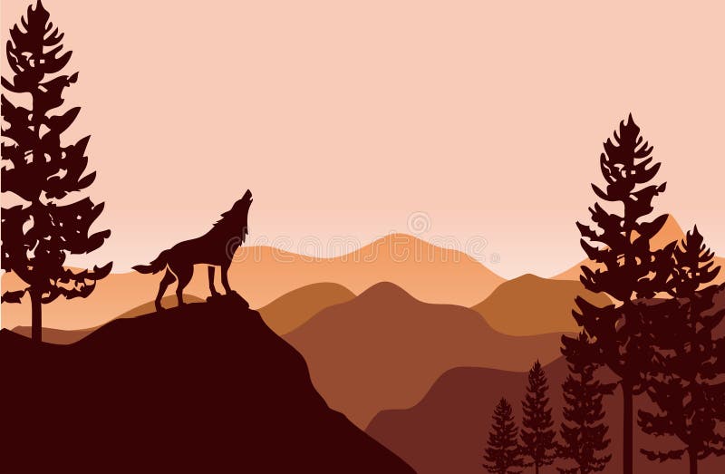 Silhouette of Wolf and Pine Tree Stock Vector - Illustration of design ...