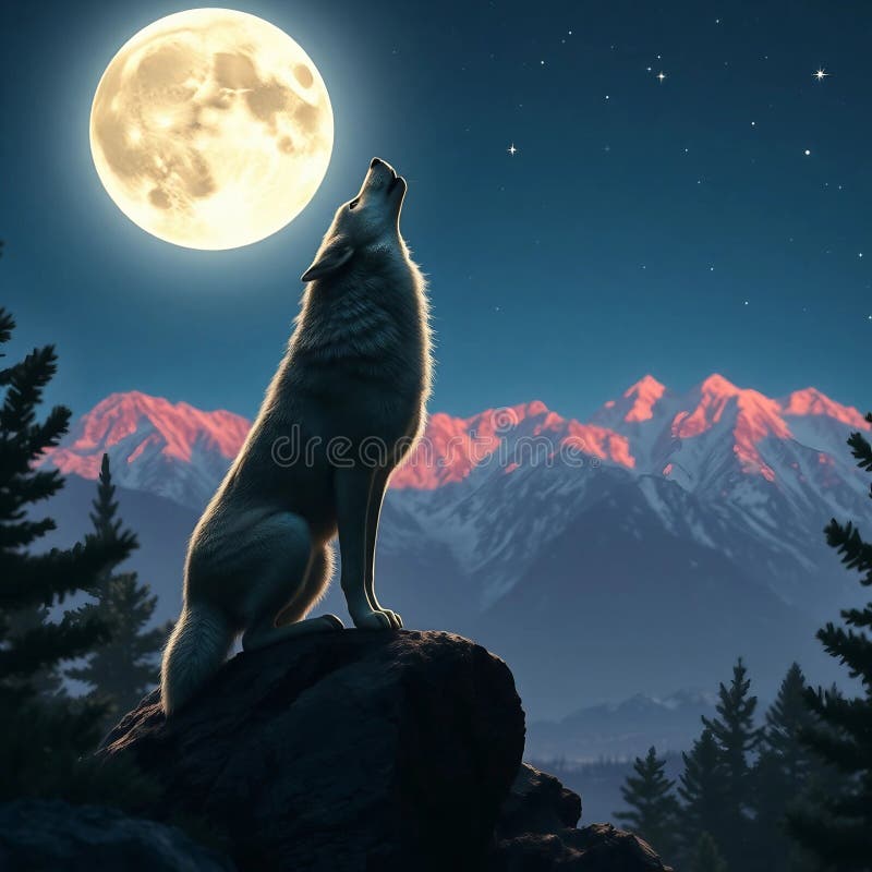 The Silhouette of a Wolf on a Rock, Howling at the Moon, Framed by ...