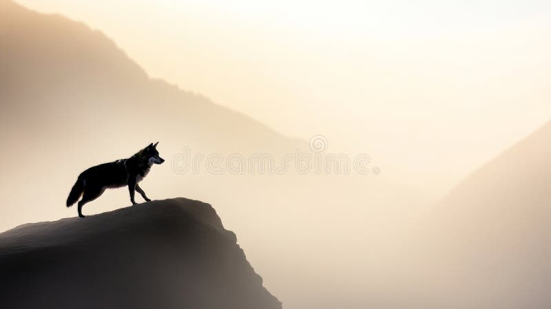 Silhouette of a Wolf Standing on a Mountain Ridge with a Foggy Valley ...