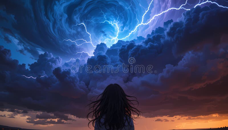 Silhouette of Woman Against a Dramatic Lightning Storm Stock ...