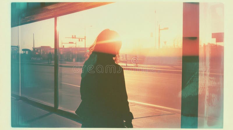 Silhouette of a Woman at a City Bus Stop during Sunset Stock ...