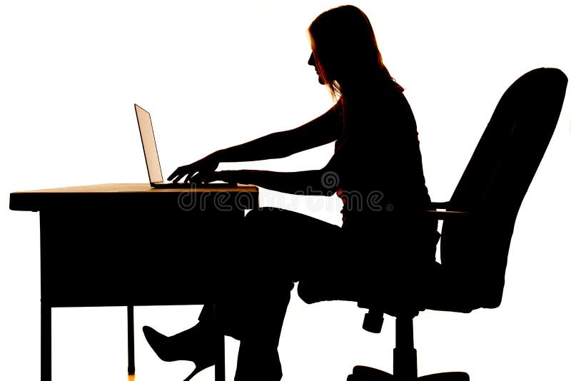 Silhouette Woman Computer Desk Type Stock Image - Image of learn ...