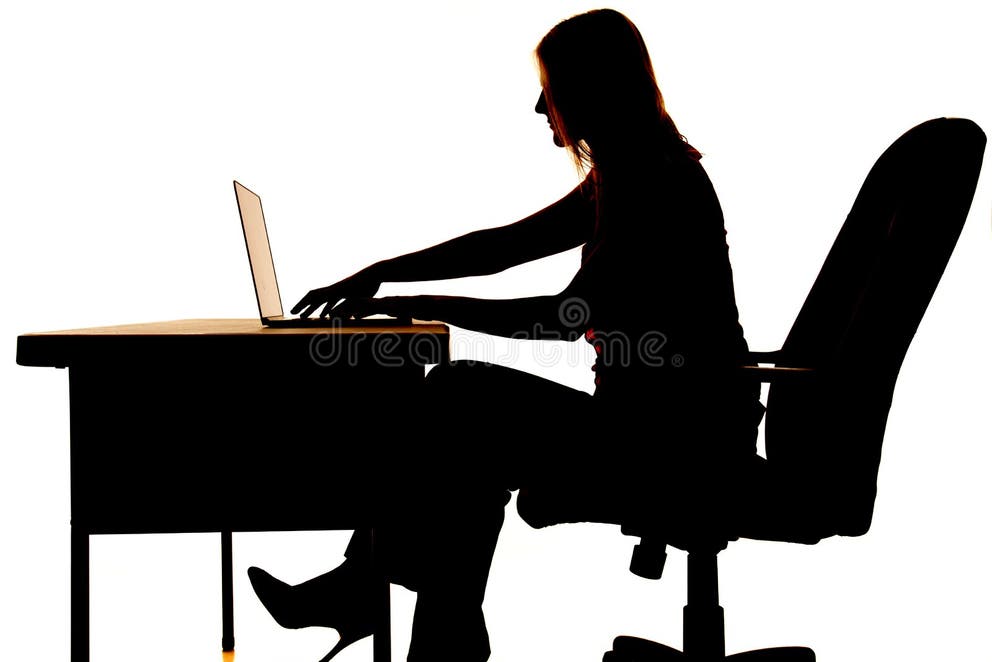 Silhouette Woman Computer Desk Type Stock Image - Image of learn ...