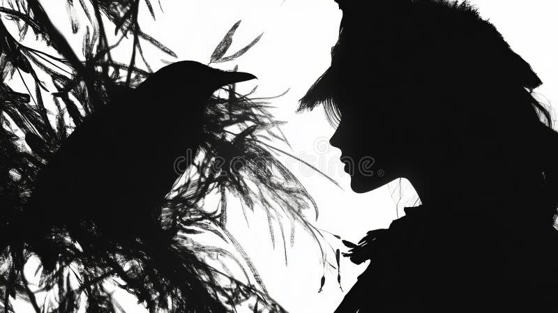 Silhouette of a Woman and Crow Amidst Dark Branches Stock Illustration ...