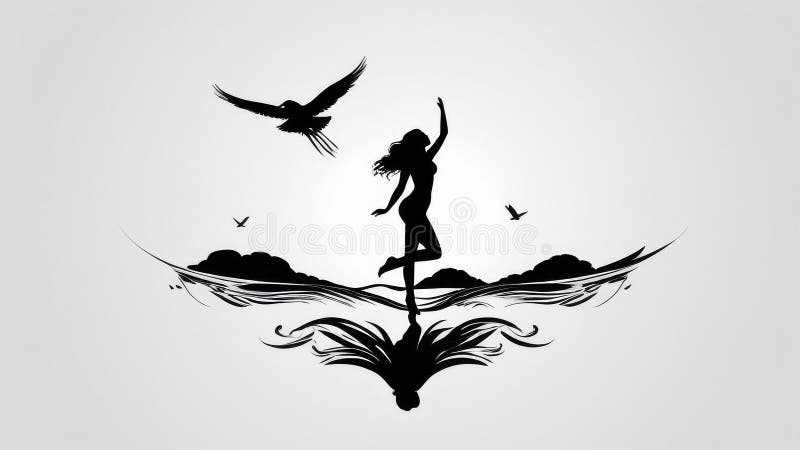 Silhouette of Woman Dancing with Birds Flying Overhead Stock ...