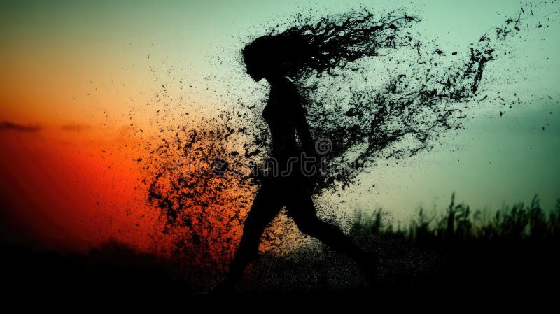 Silhouette of Woman Disintegrating into Particles at Sunset Stock Photo ...