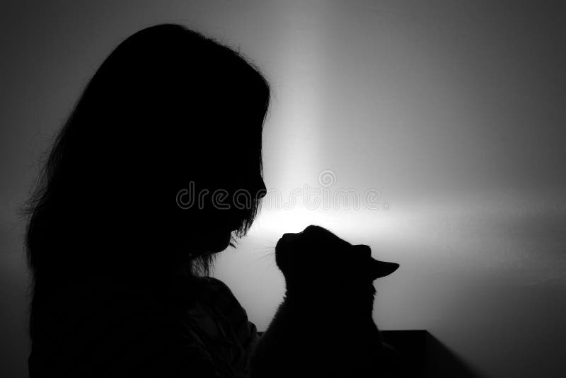 Silhouette of Woman Face with Cat Stock Image - Image of face, cute ...