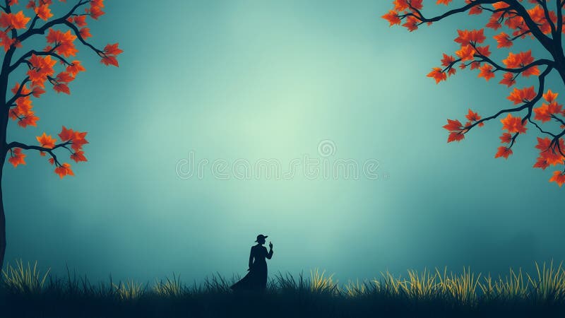 Silhouette of a Woman in a Field with Trees with Fall Foliage Stock ...