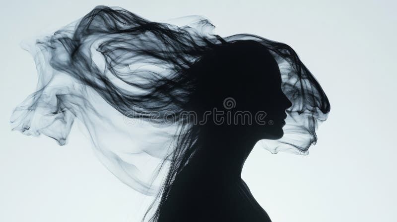 Silhouette of a Woman with Flowing Dark Fabric in the Wind Stock ...