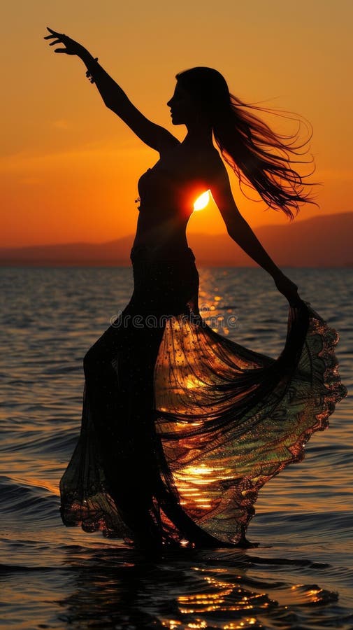 Silhouette of a Woman Gracefully Dancing in the Water during Sunset ...