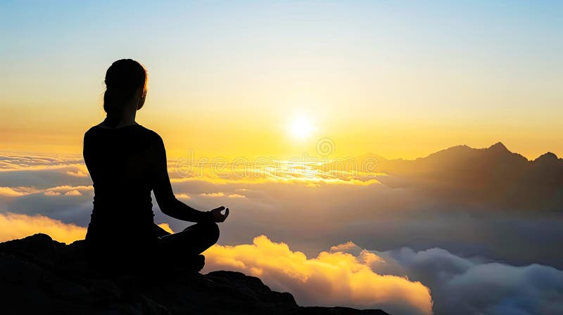 Silhouette of a Woman Meditating on Top of Mountain during Sunrise ...
