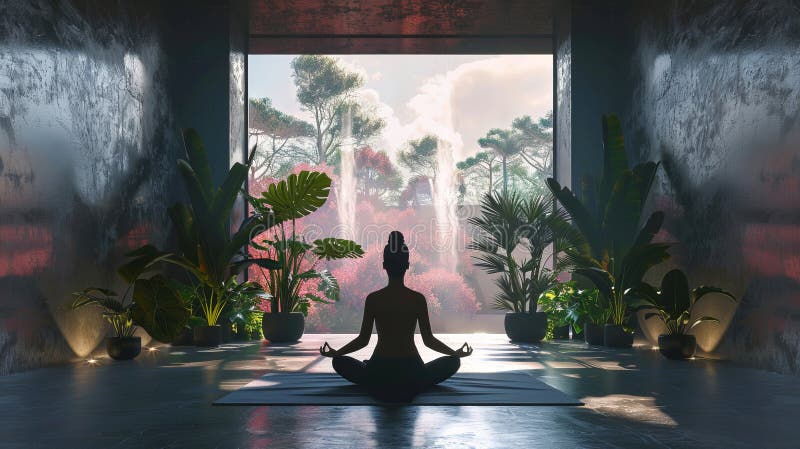 Silhouette of Woman in Meditation Pose with Backdrop of Lush Plants and ...