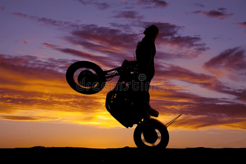 Silhouette Woman Motorcycle Ride Wheelie Stock Image - Image of hair ...