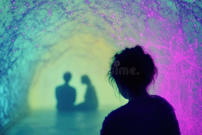 Silhouette of Woman Observing Colorful Cave with Shadowy Figures Stock ...