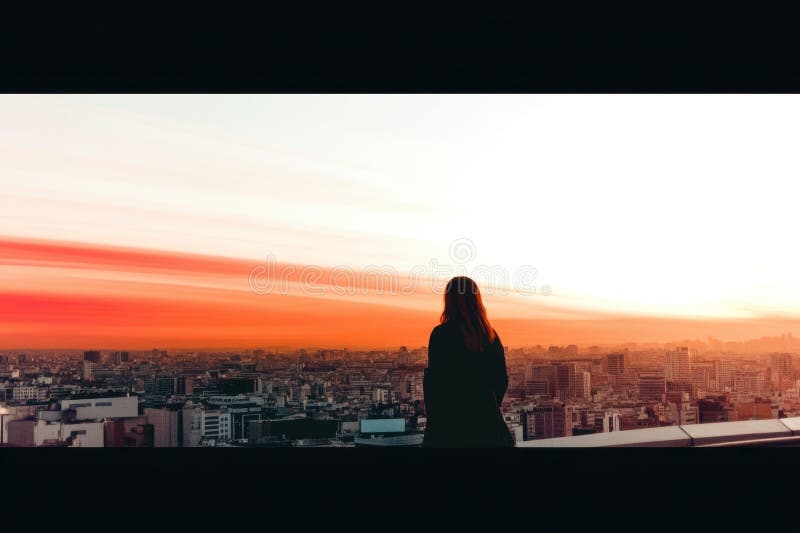 Silhouette of Woman Overlooking City Skyline at Sunset Stock ...
