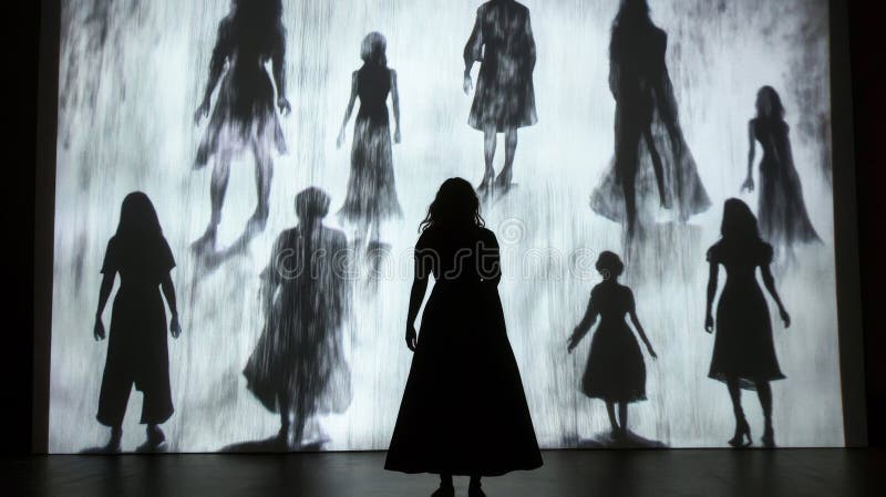 Silhouette of Woman before Projected Shadow Figures on a Grey Wall ...
