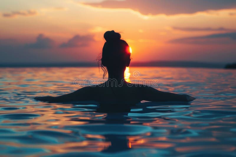 Silhouette of Woman Relaxing in Swimming Pool at Sunset Time Stock ...