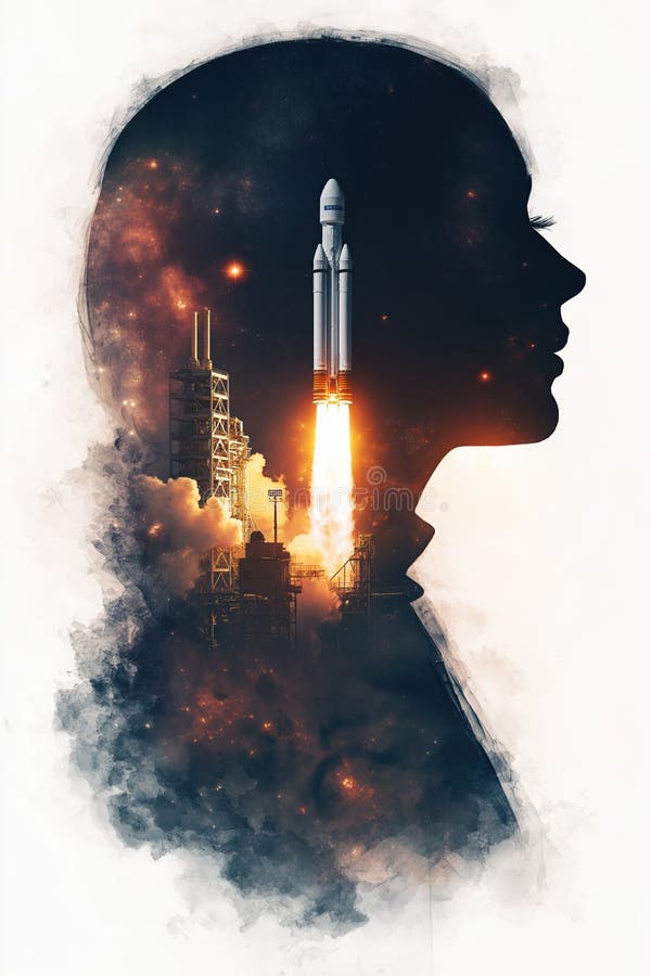 Silhouette of Woman with Rocket Launch Inside Her Mind Stock Photo ...