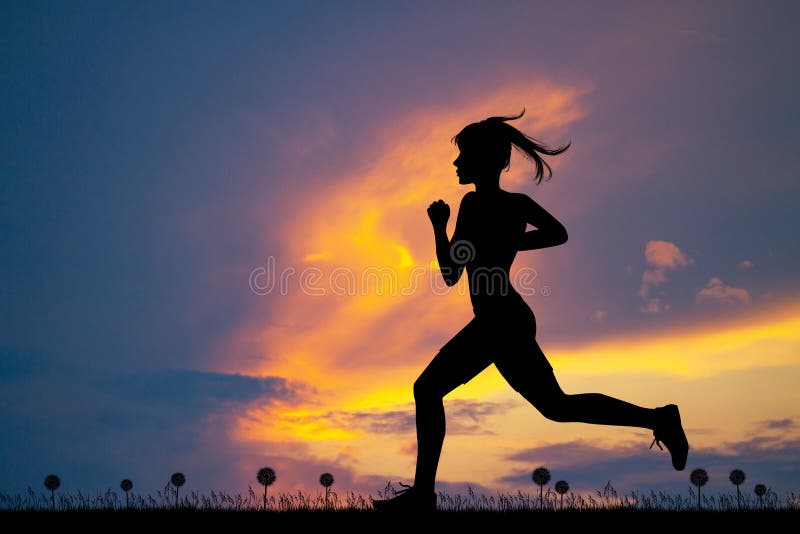 The Silhouette of Woman Run at Sunset Stock Illustration - Illustration ...